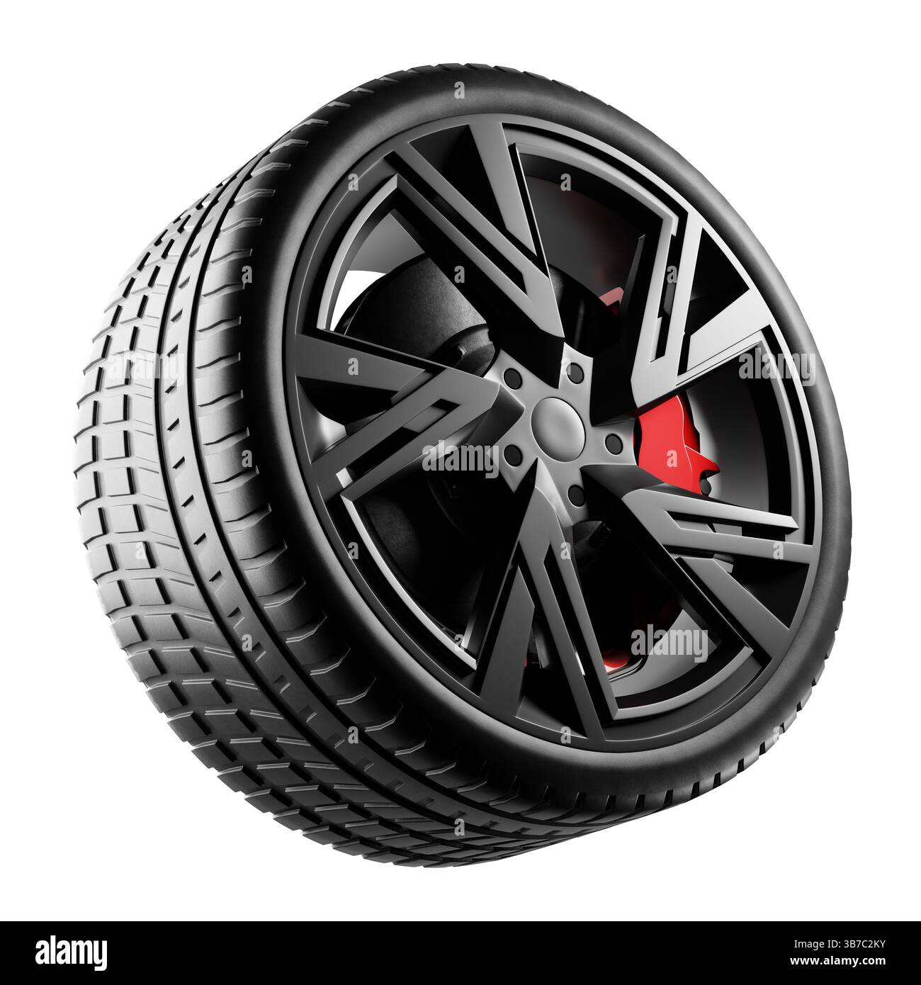 Black alloy wheel with a modern design showcases red brake calipers in ...
