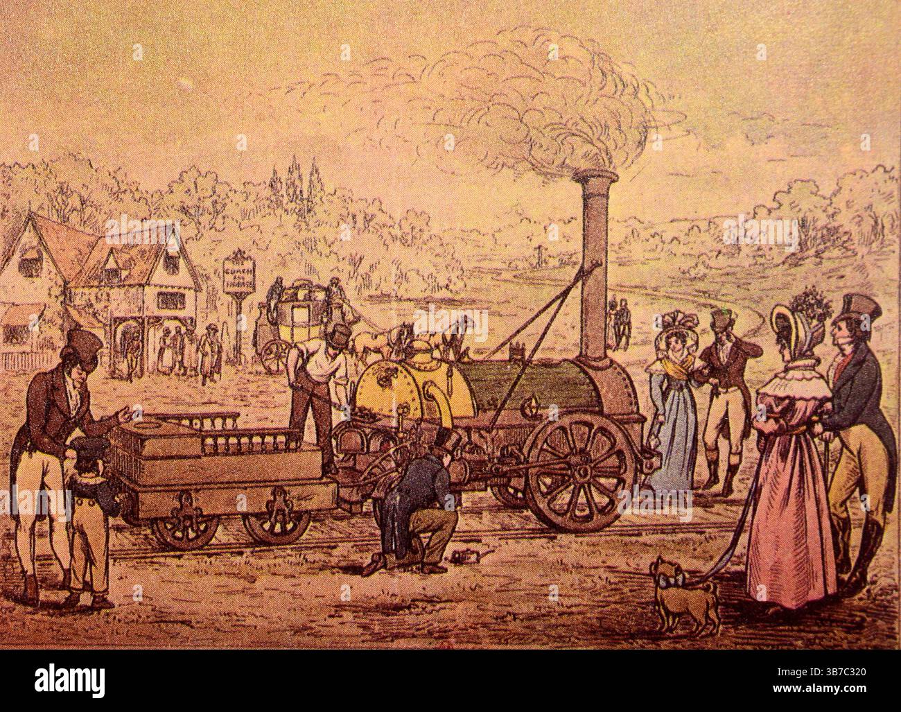 Engraving. The first steam locomotive, 'The Rocket'. It operated on the ...