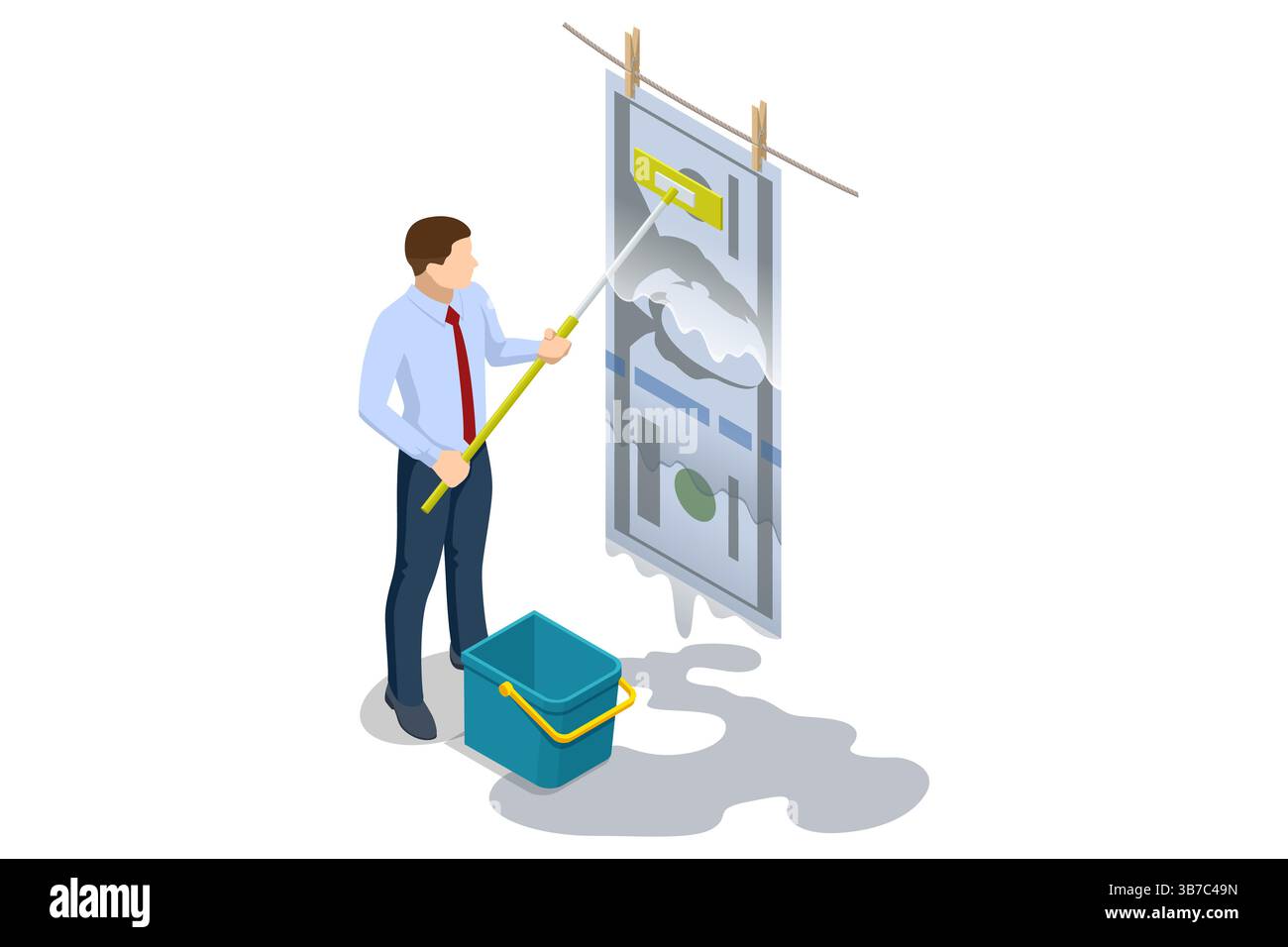 Isometric man hanging dollar bills on a line after washing them ...