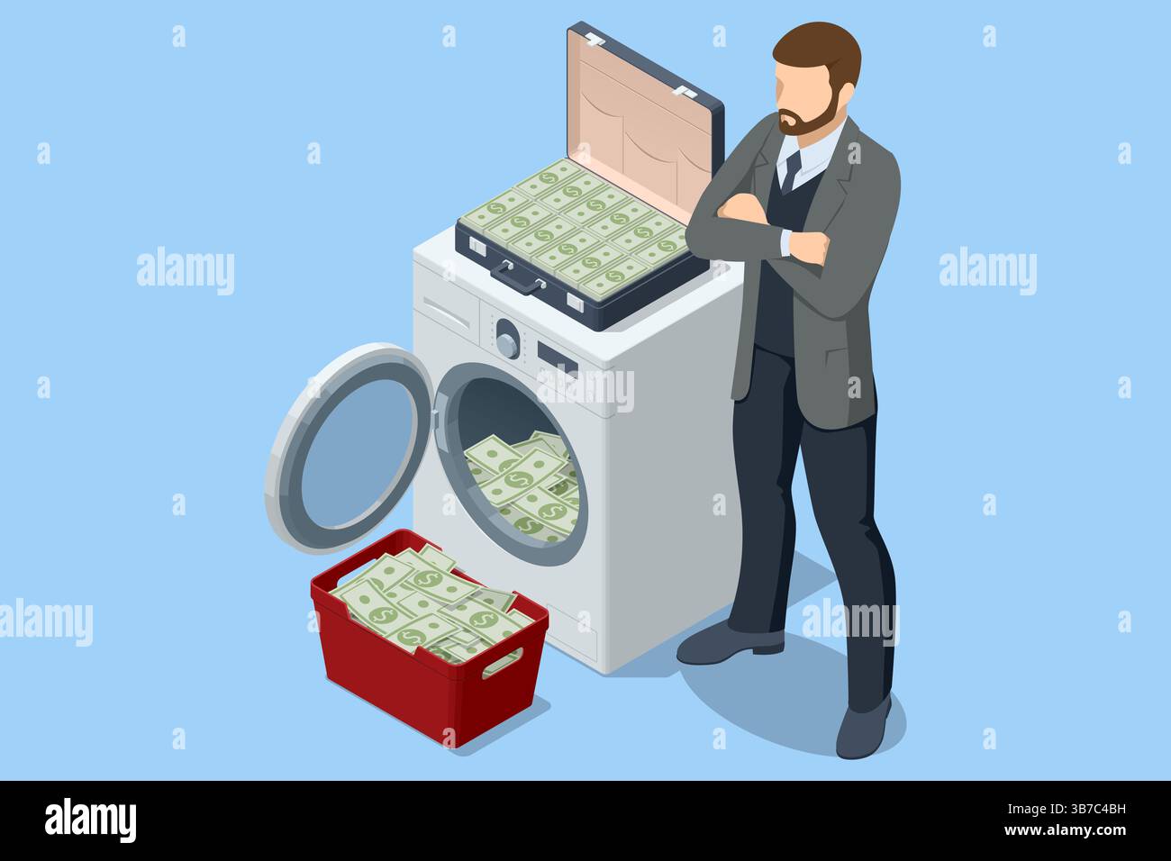 Isometric man hanging dollar bills on a line after washing them ...