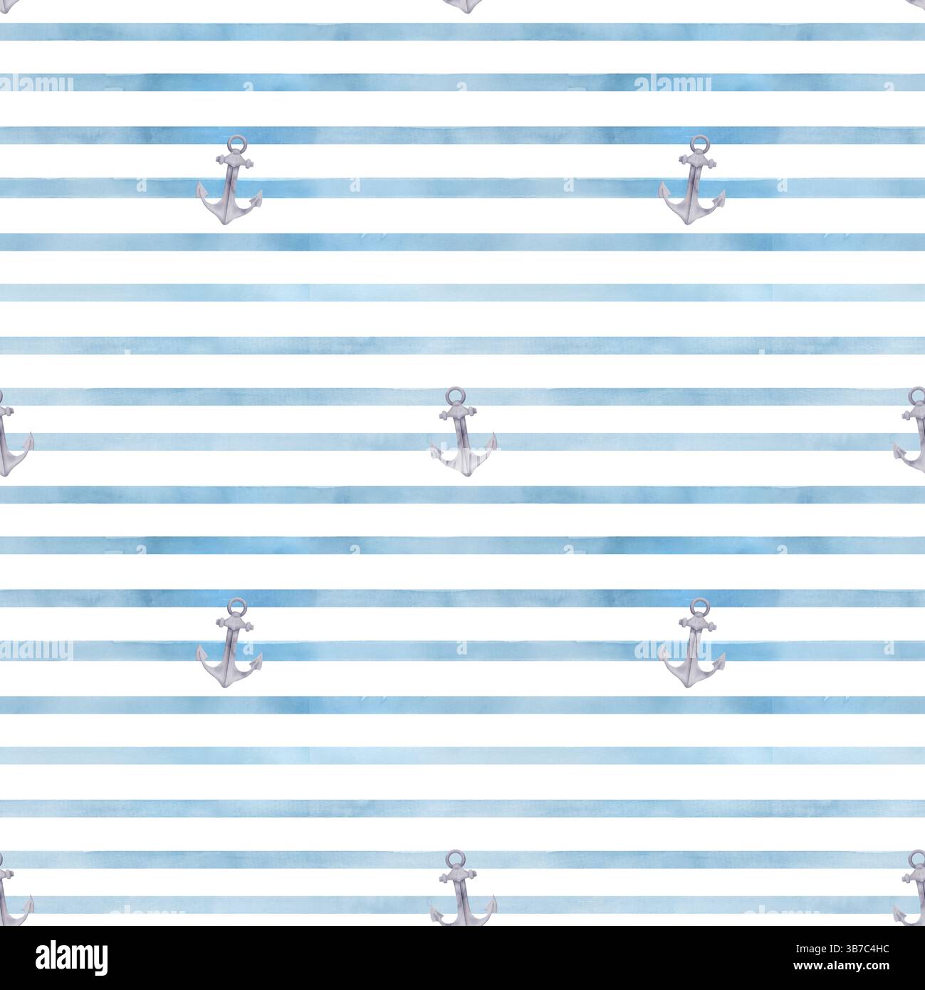 Cute stripes of white and blue colors and ship anchors, seamless ...
