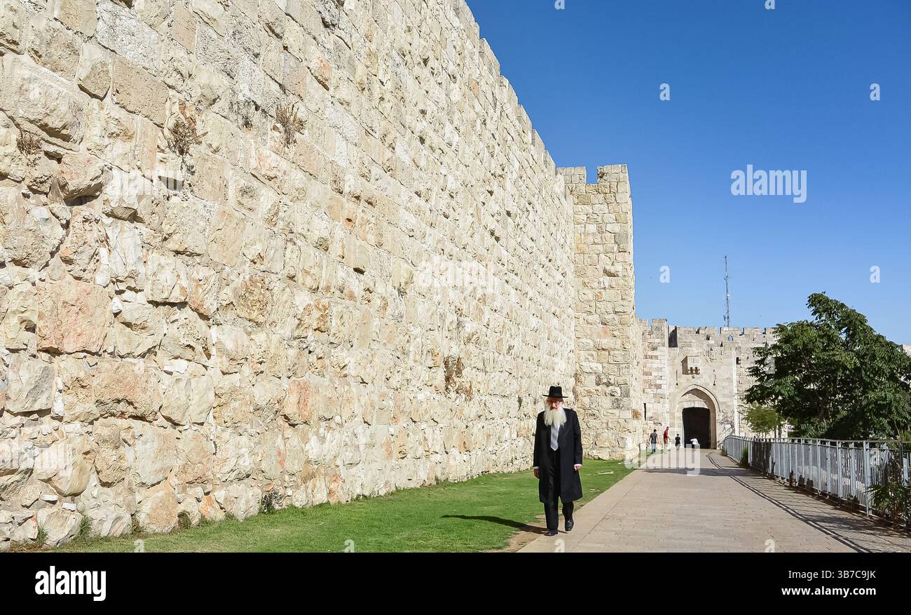 Jaffa Gate entrance to historic center old town of Jerusalem. Orthodox ...