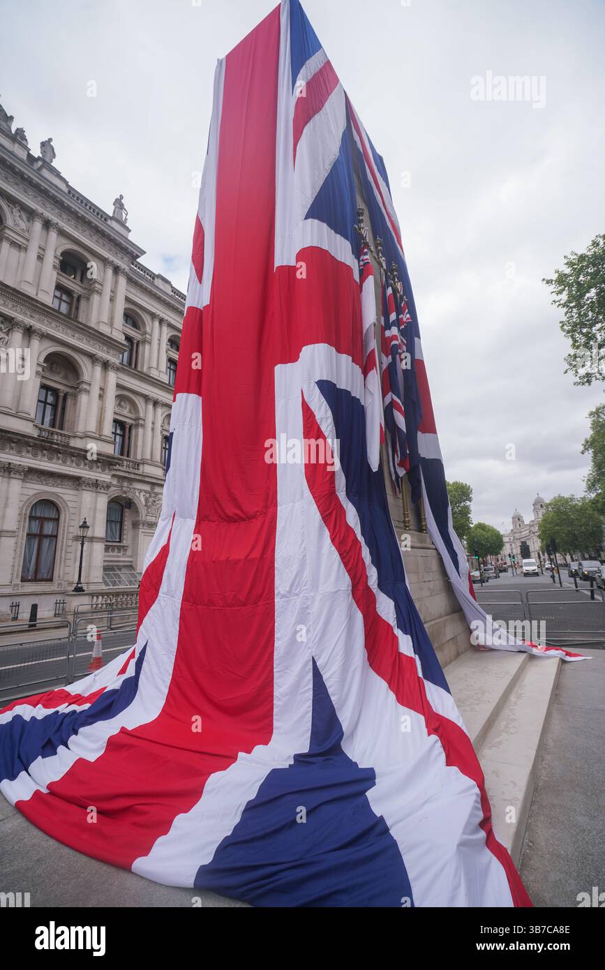 London UK 6 May 2025. The cenotaph in Whitehall is draped in a Union ...