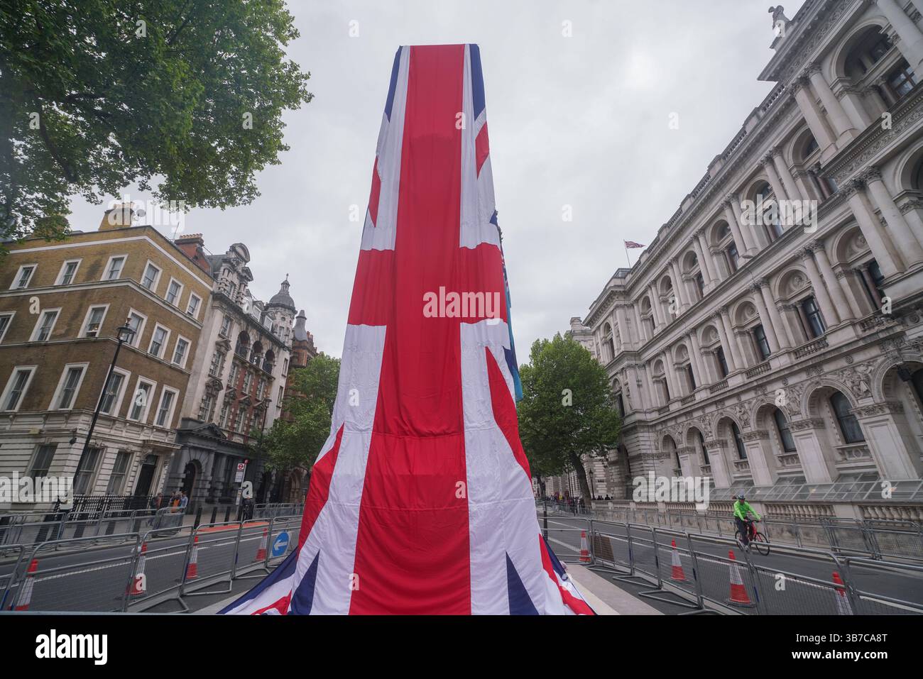London UK 6 May 2025. The cenotaph in Whitehall is draped in a Union ...