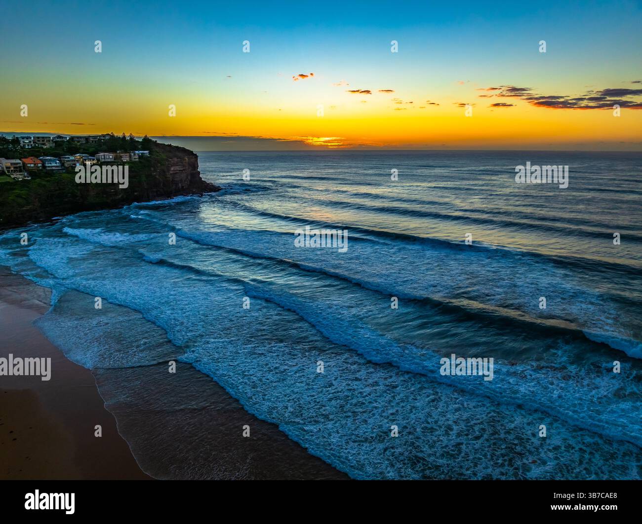 Aerial Sunrise Seascape with waves at Bilgola Beach on the Northern ...