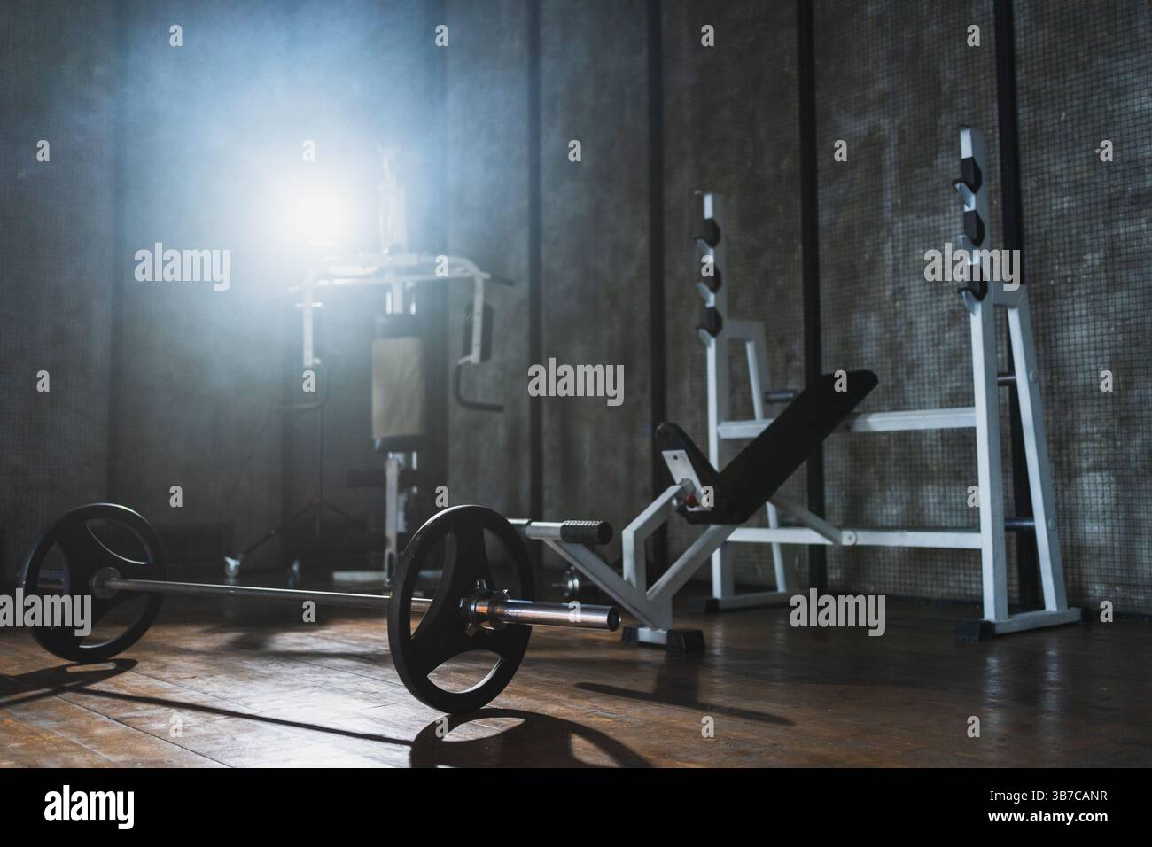 Empty gym workout area health club. Dark interior of gym with fitness ...