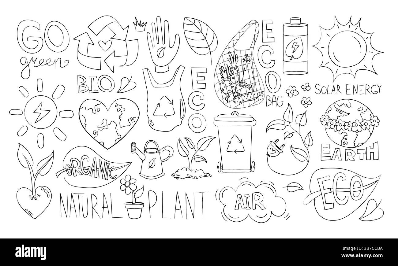 Hand-drawn eco doodles featuring recycling, solar power, organic plants ...
