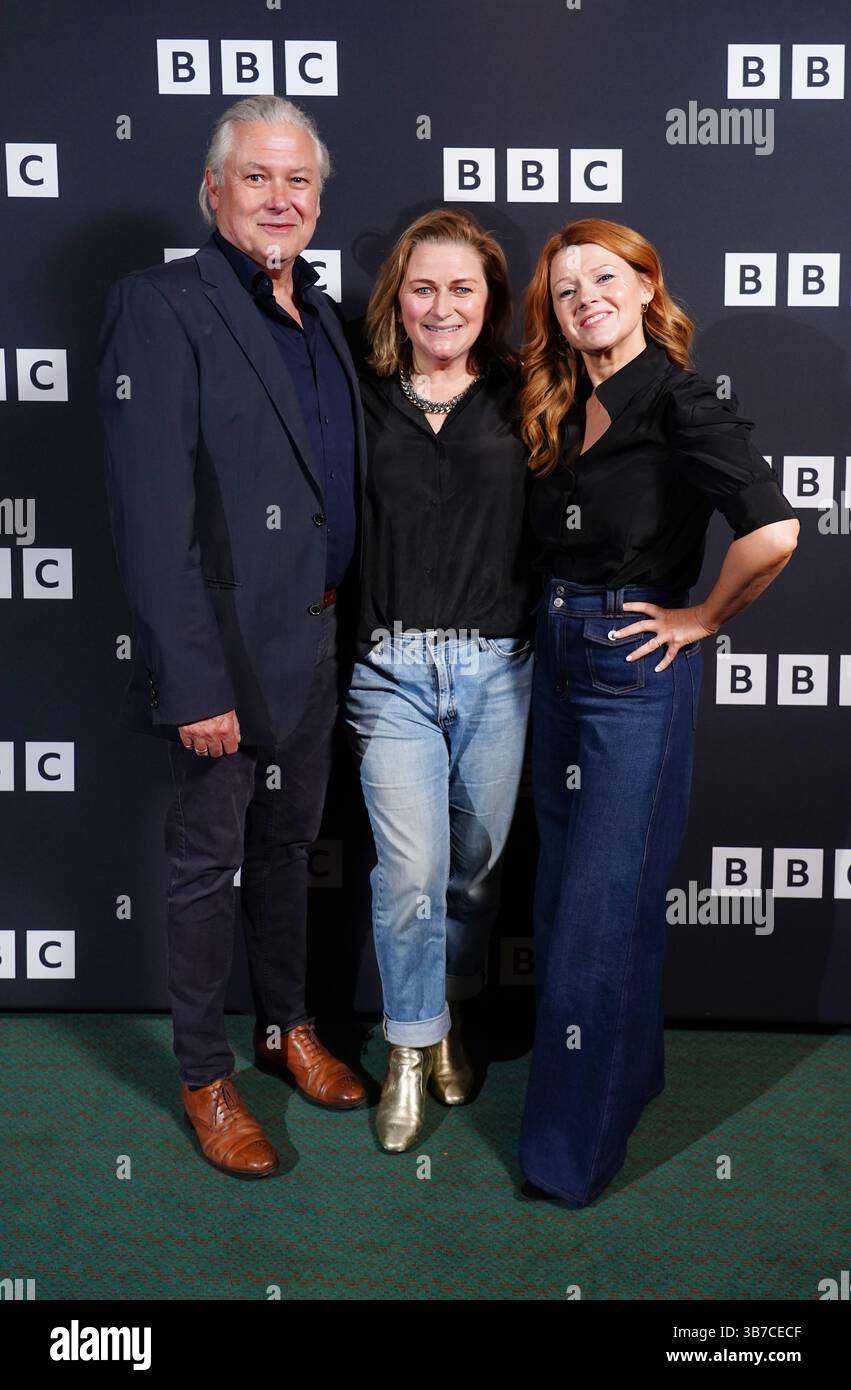 (left to right) Conleth Hill, Rosie Cavaliero and Sian Gibson arriving ...
