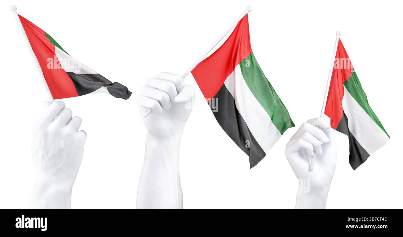 Hand holding flag of United Arab Emirates. Isolated 3d Rendering Stock ...