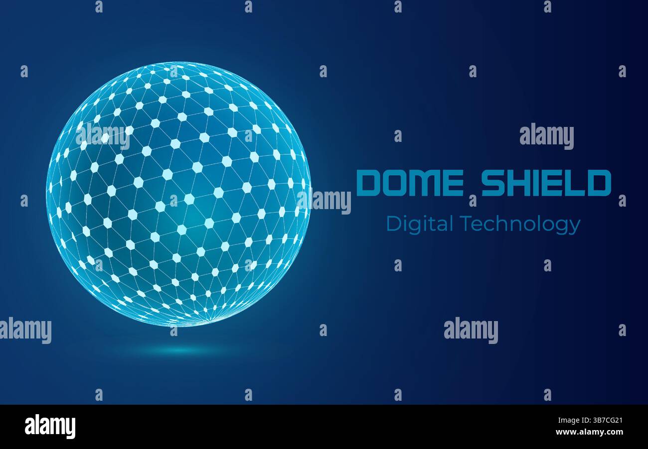 Protective dome shield sphere with hexagon, 3d ball on blue background ...