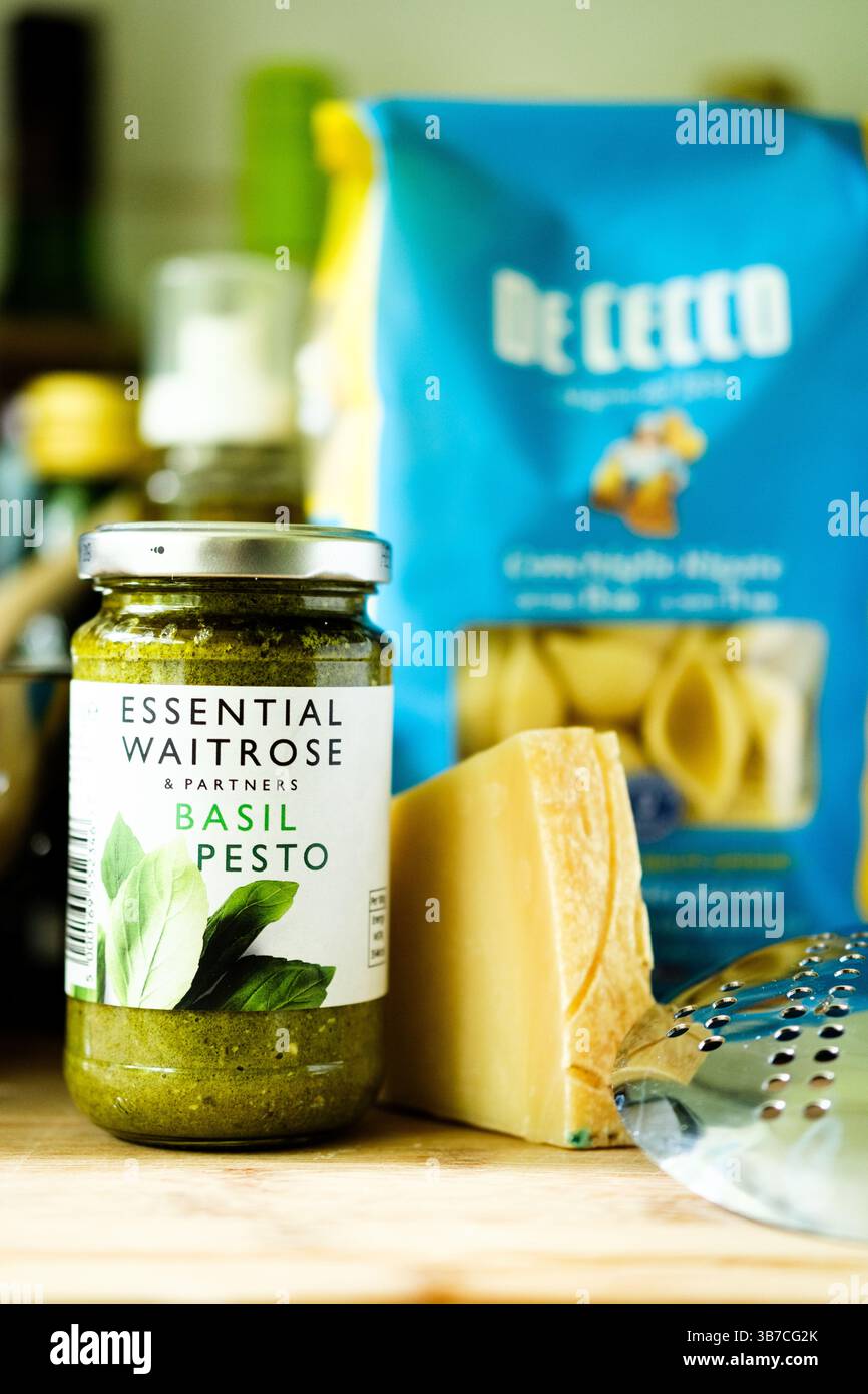 London UK, May 05 2025, Jar of Essential Waitrose Italian Style Basil ...