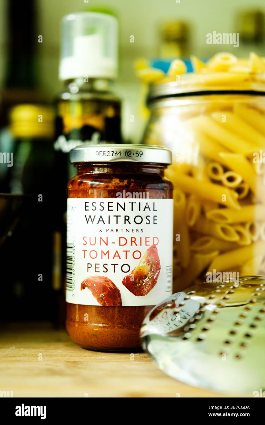 London UK, May 05 2025, Jar of Essential Waitrose Sun Dried Tomato ...