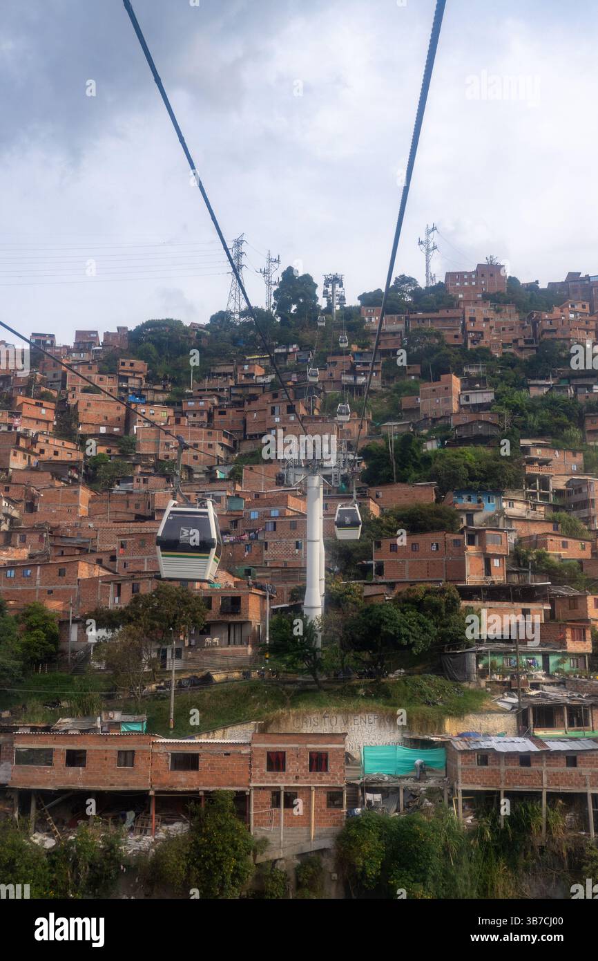 Gondolas of the Medellin Metrocable system serving the lower income ...