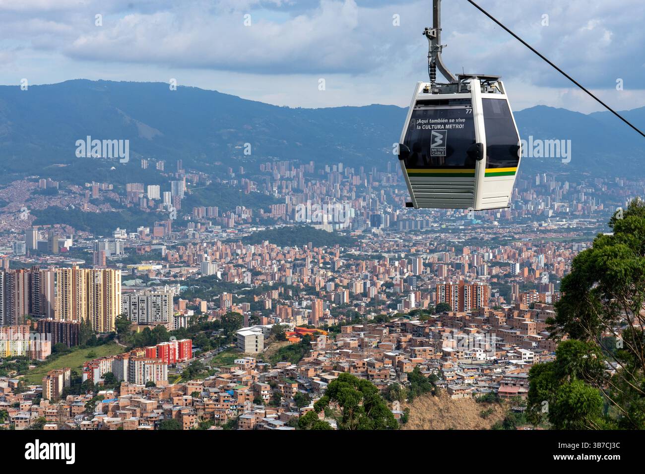 A gondola of the Medellin Metrocable system with downtown Medellin ...