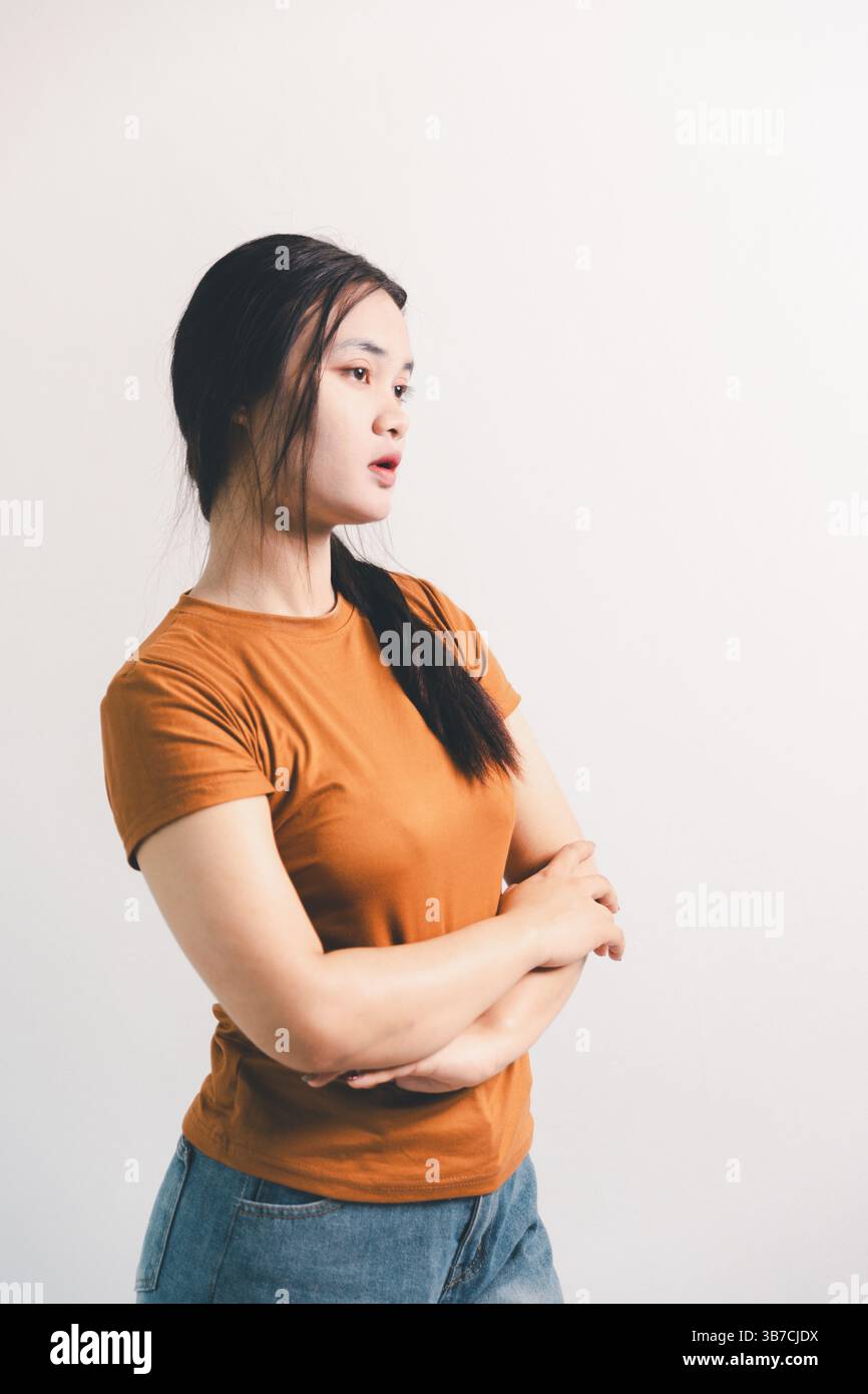 Asian girl expresses dislike, person express negative feeling, concept ...