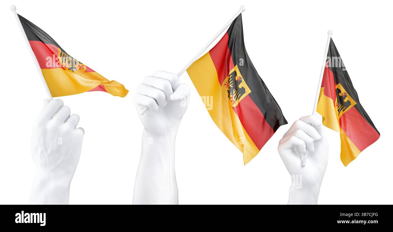 Hand holding flag of Germany with Coat of arms. Isolated 3d Rendering ...