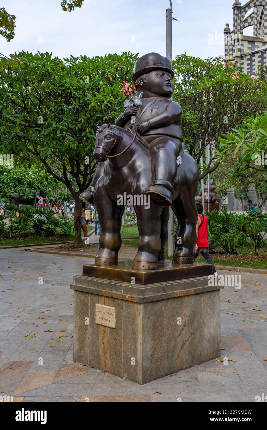 Man on Horseback, a sculpture by Fernando Botero in the Botero Plaza in ...