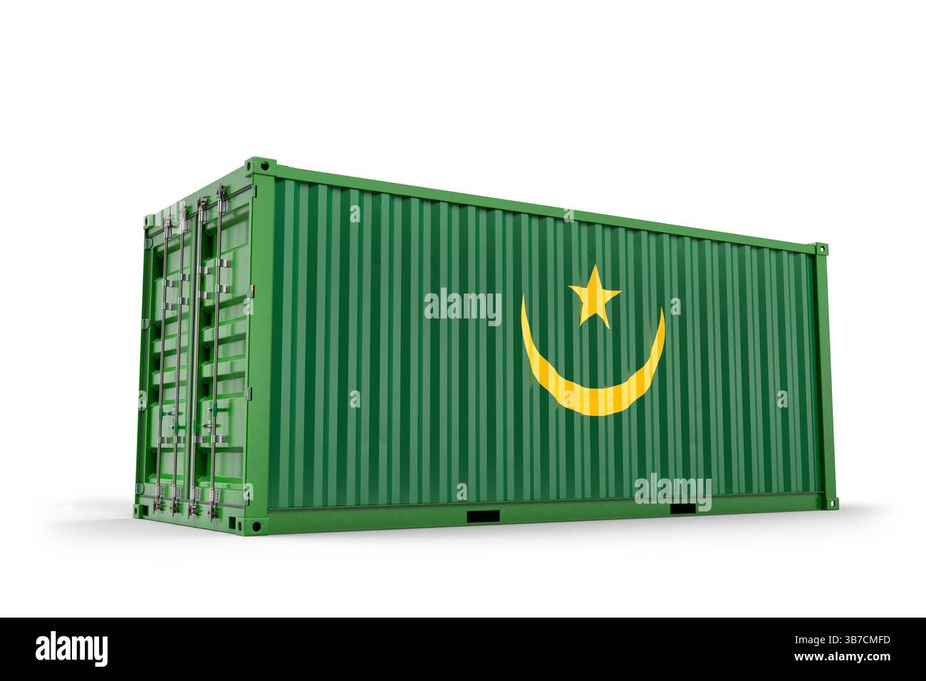 Green freight container displaying the Mauritanian flag, symbolizing global trade, import ...