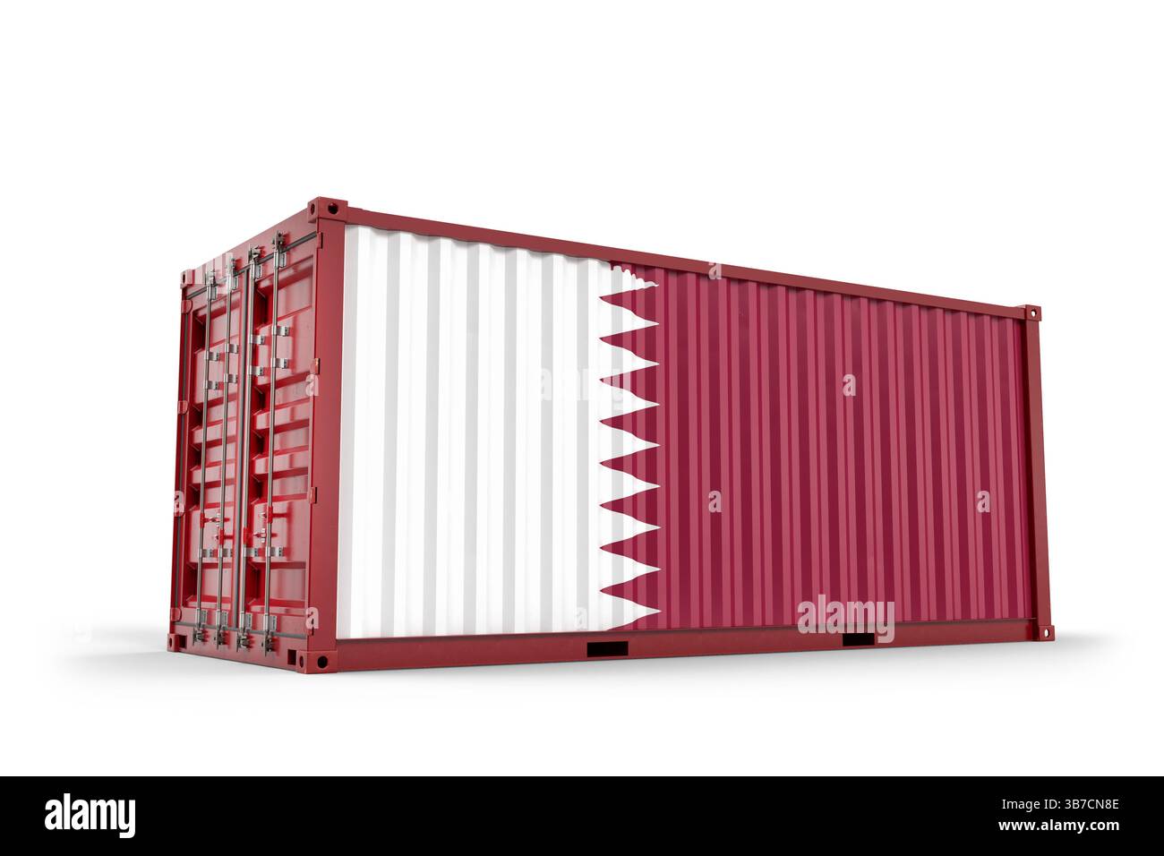 Red shipping container displaying the Qatari flag, representing import, export, and global ...