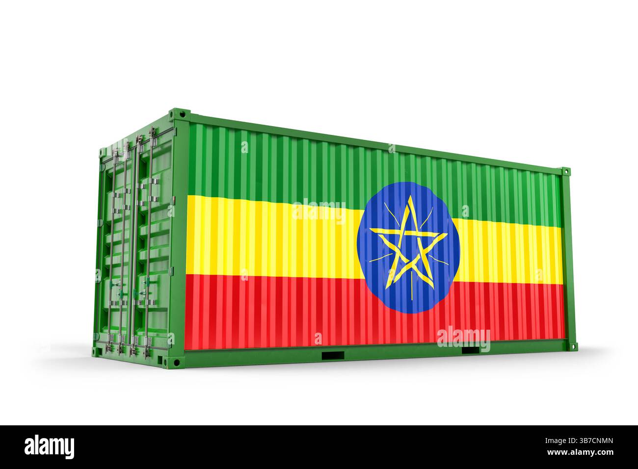 Green cargo container displaying the Ethiopian flag, representing shipping, import, export, and ...