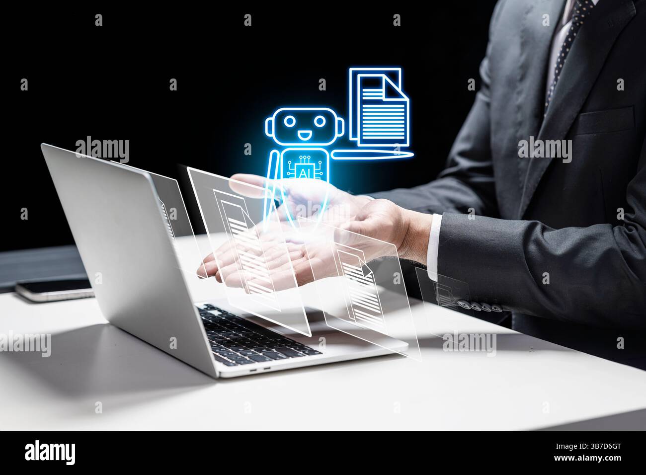 Businessman with laptop showing icon of AI or artificial intelligence robot for business process ...