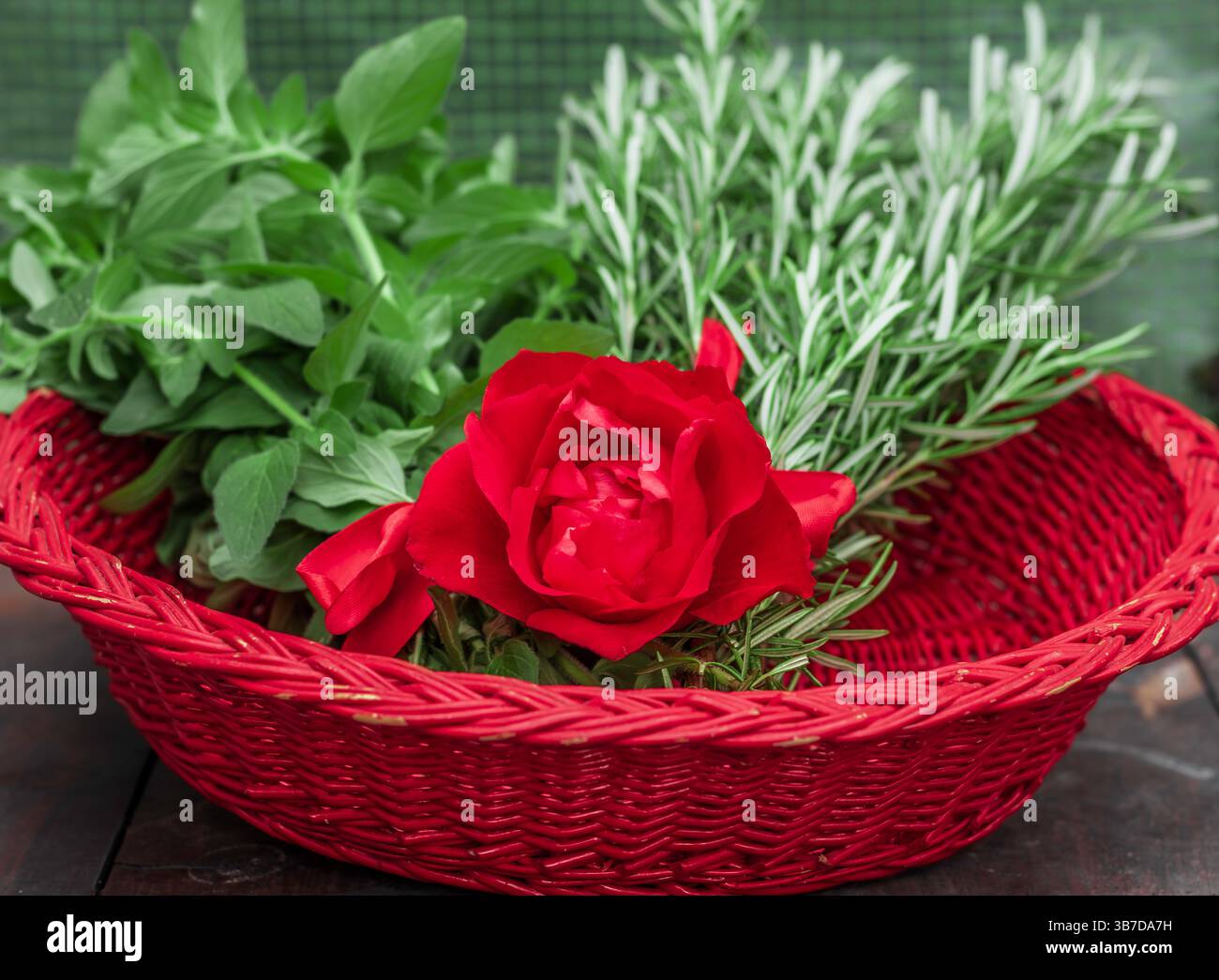Green herbs & red rose in a red basket Stock Photo - Alamy