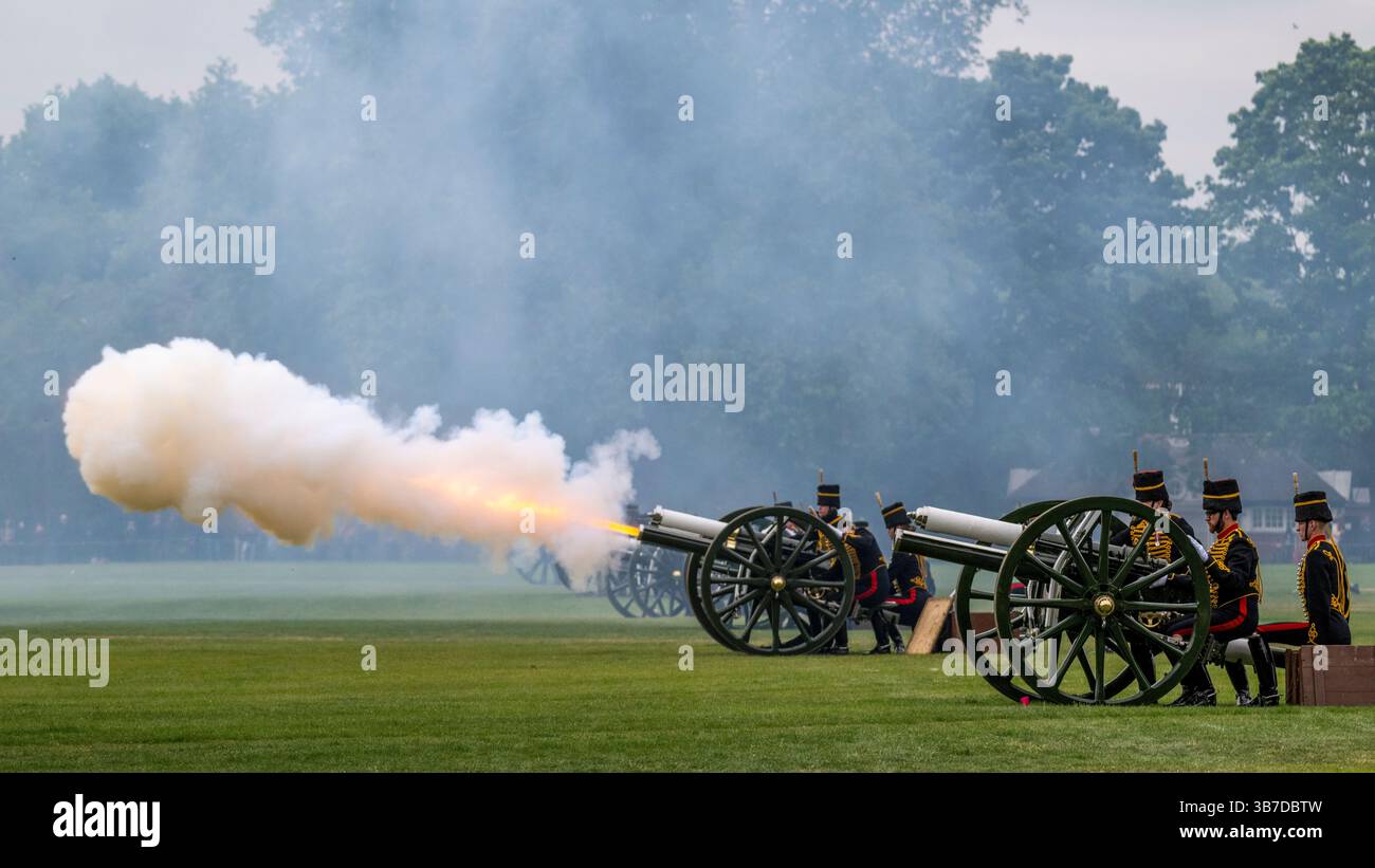 London, UK. 6 May 2025. The King’s Troop Royal Horse Artillery fire a ...