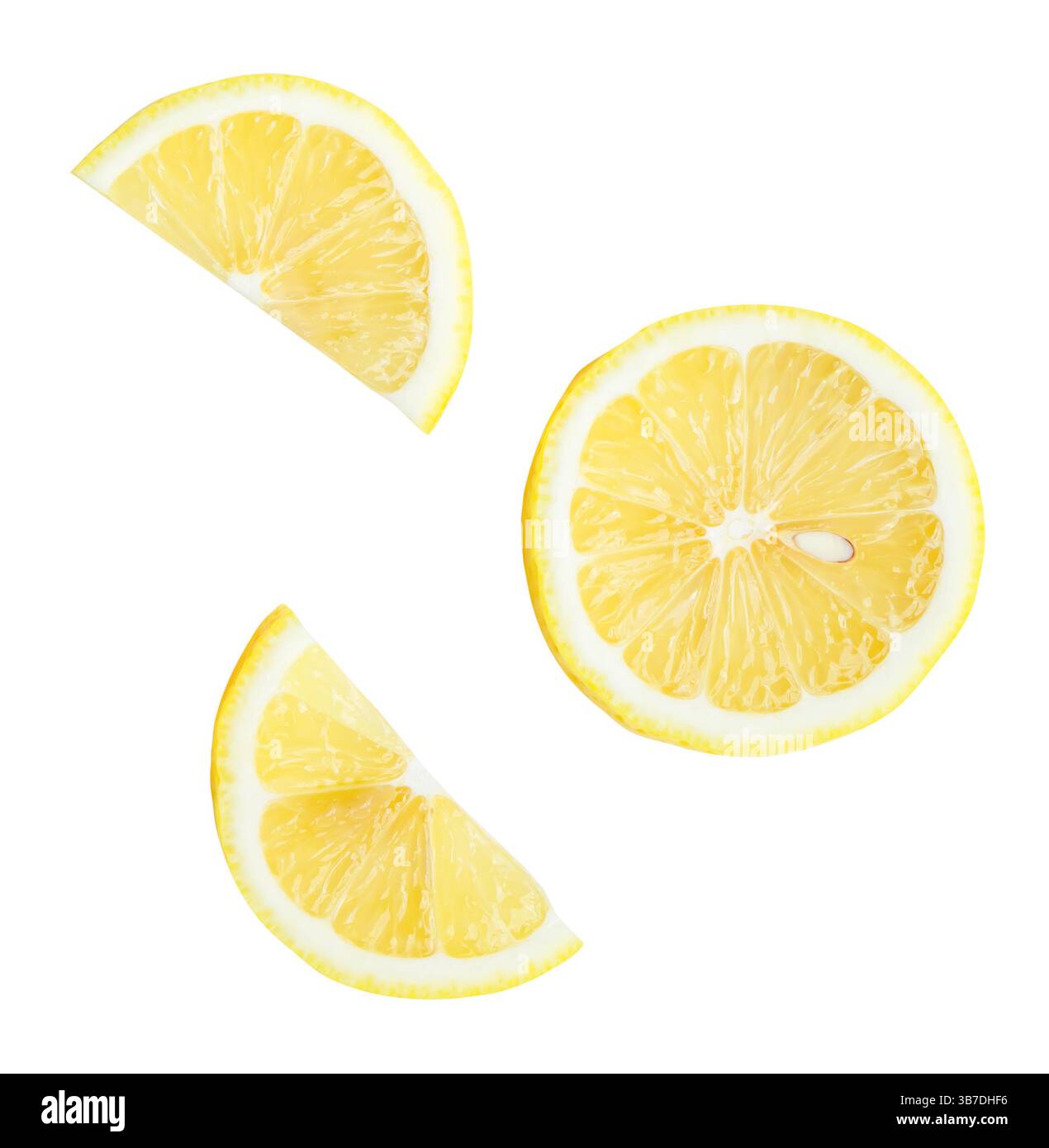 Top view set of fresh ripe yellow lemon fruits in one half and slices ...