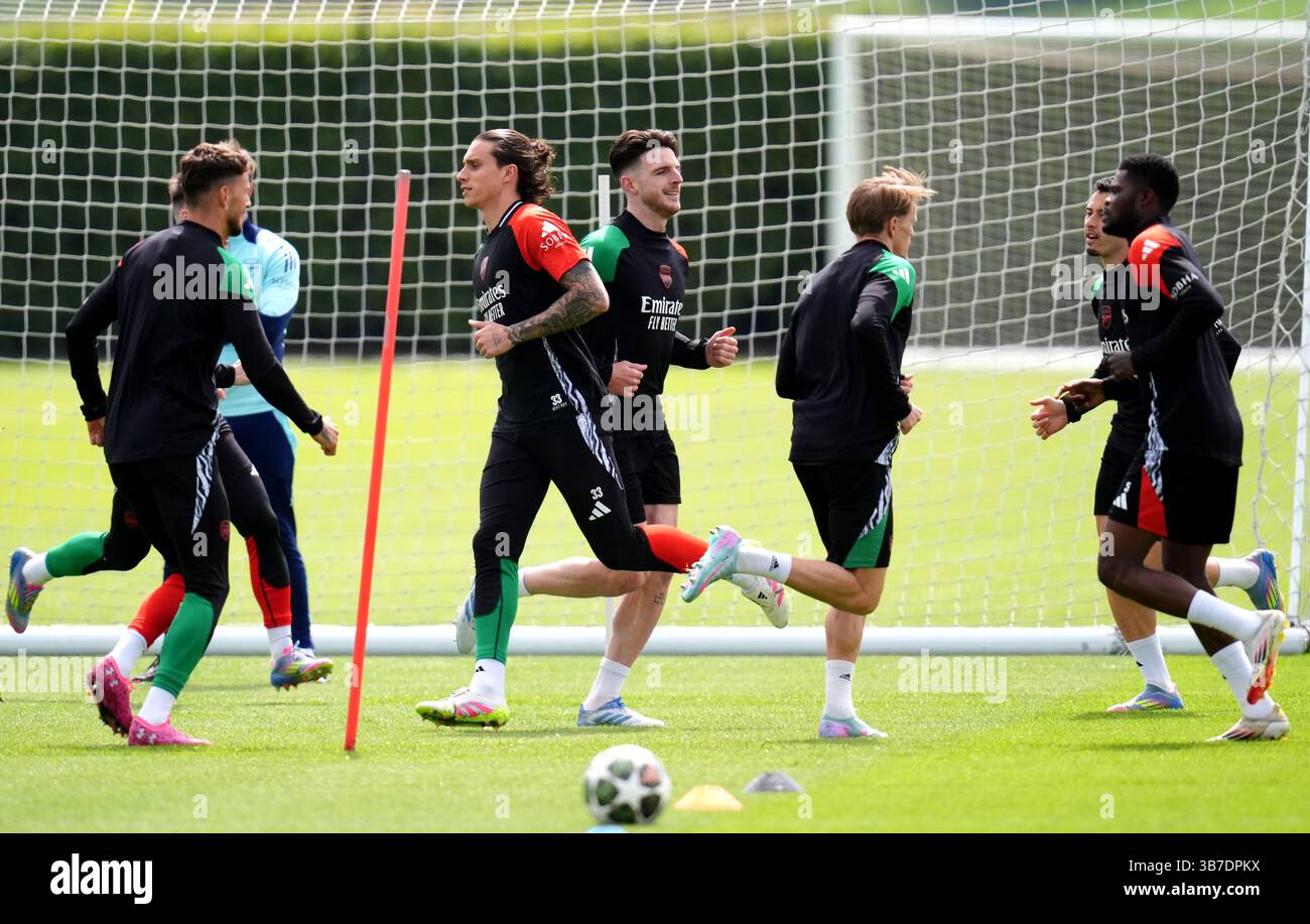 Arsenal's Declan Rice (centre) and team-mates during a training session ...