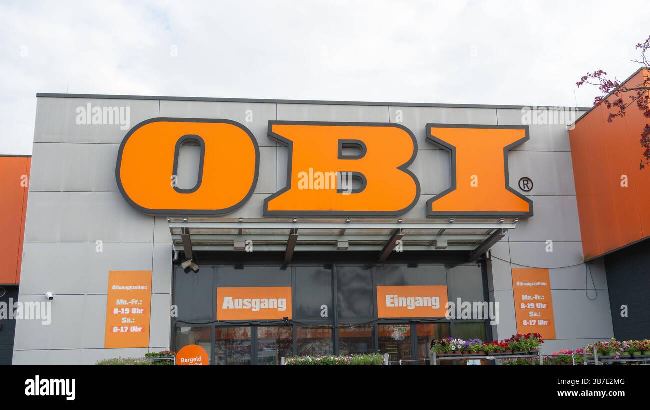 Bad Hersfeld, Germany, 04.20.25. Front view of OBI store featuring bold ...
