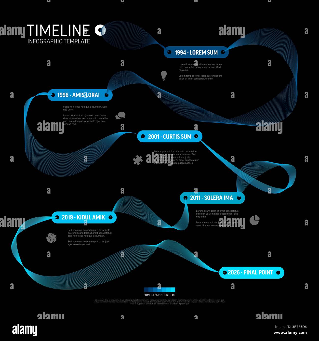 Modern timeline infographic template with abstract wavy line on a dark ...