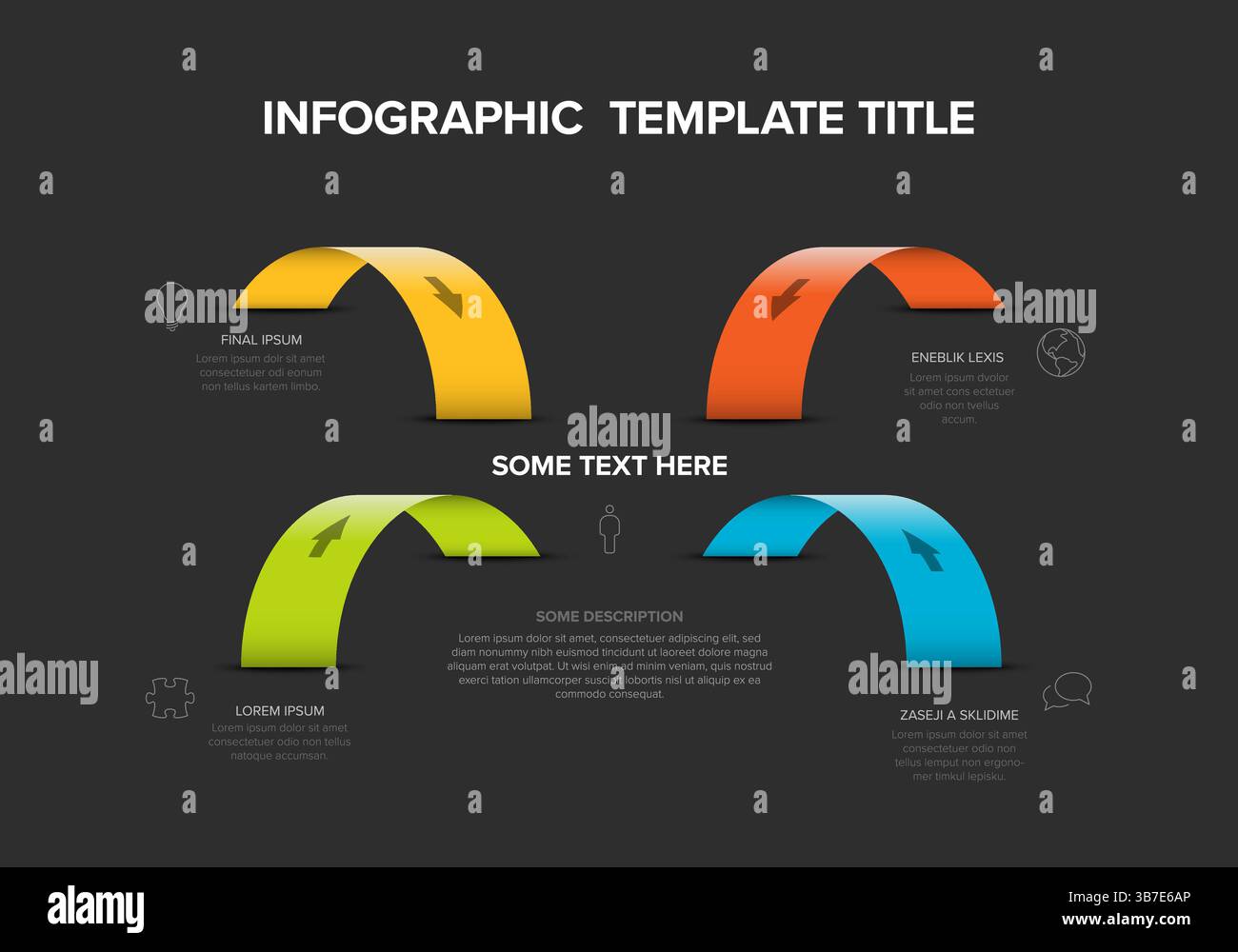 Modern infographic template with dark background and four curved arrows ...