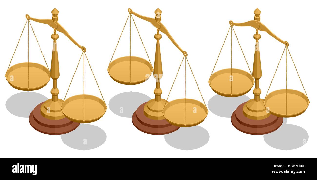 Set of three isometric justice scales in different balance positions ...