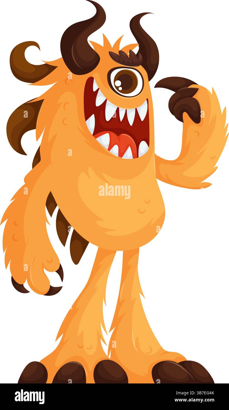 Funny cartoon-style orange monster with one large eye, sharp teeth, and ...