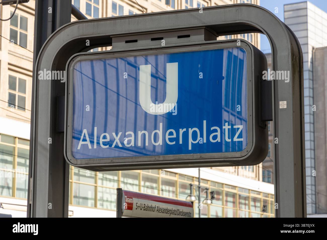 Close-up of the blue U-Bahn sign at Alexanderplatz station in Berlin ...
