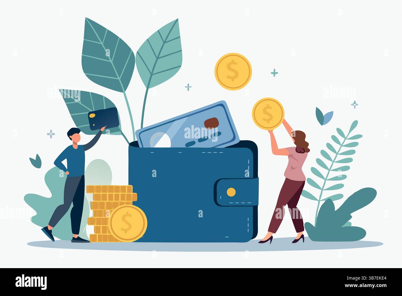 "Cartoon Financial Management Illustration with People and Money ...