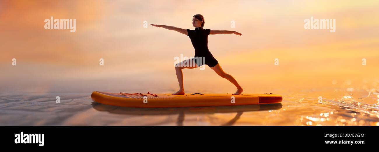 Banner. Collage. Sporty woman practices warrior yoga pose on ...