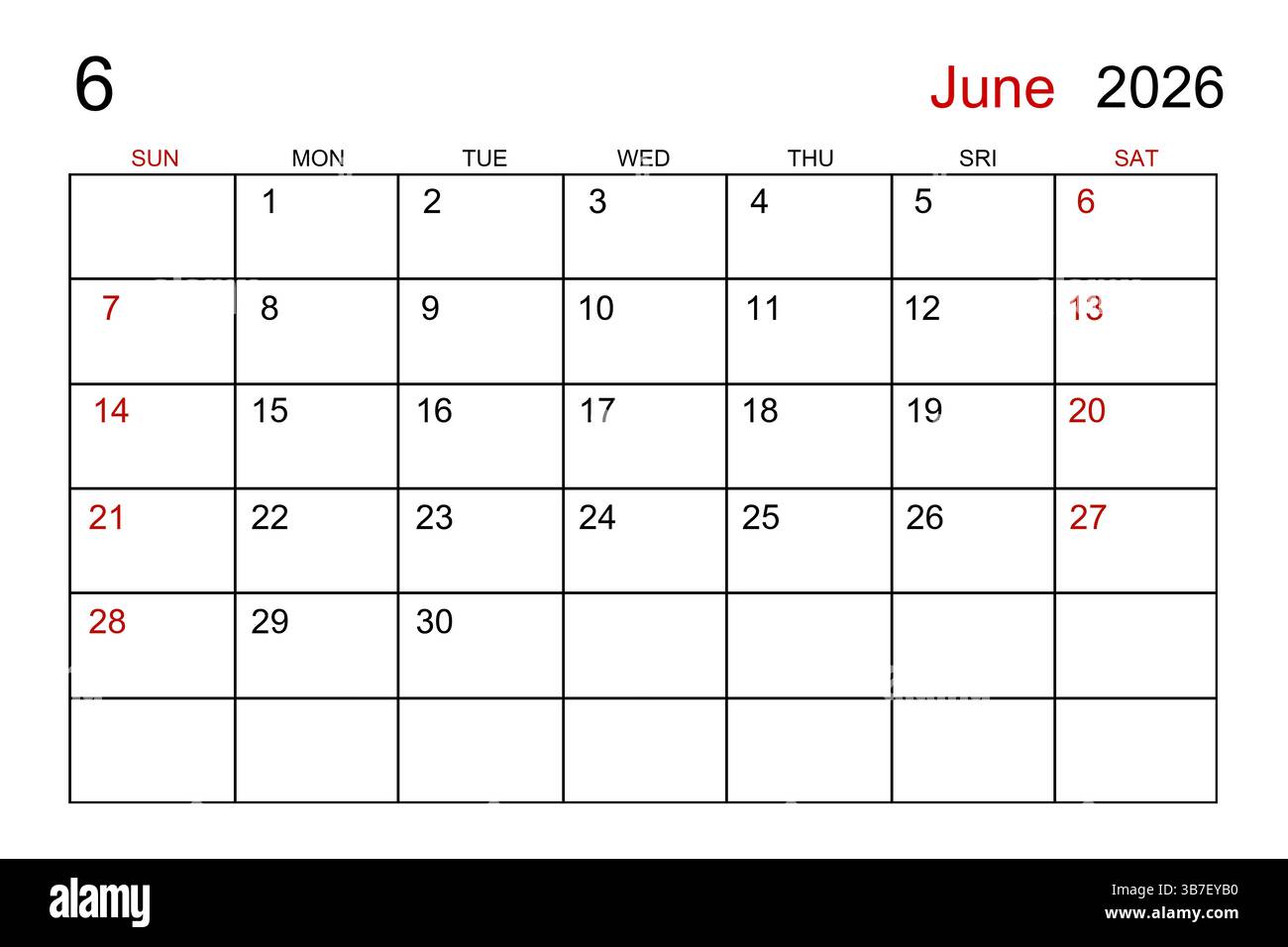 June 2026 calendar page Cut Out Stock Images & Pictures - Alamy