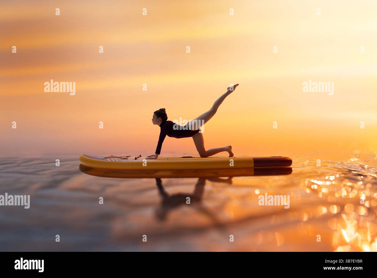 Collage. Sup board yoga back leg raise. Dynamic photo of athletic woman ...