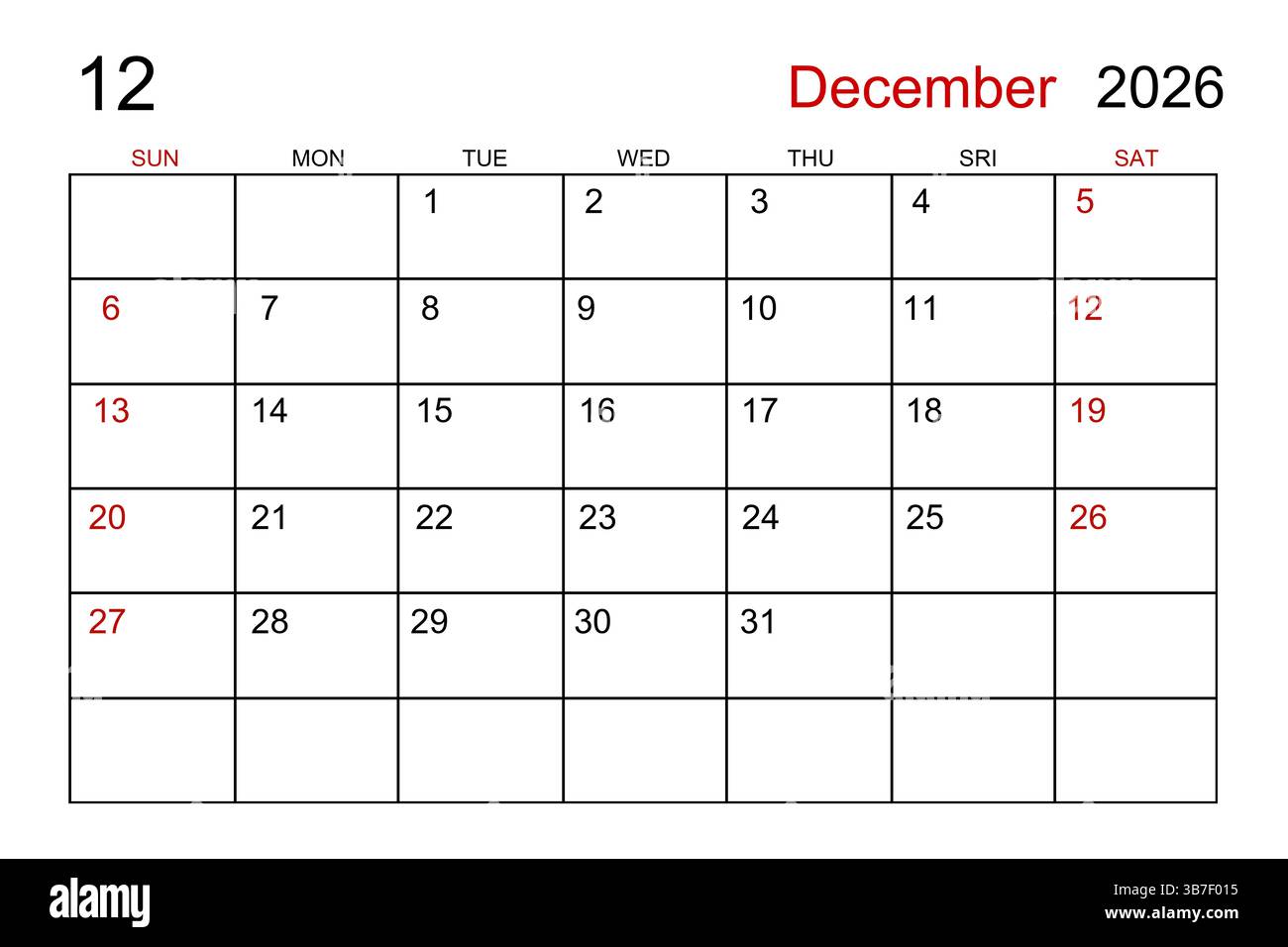 Blank white calendar page for December 2026 year for your appointment ...