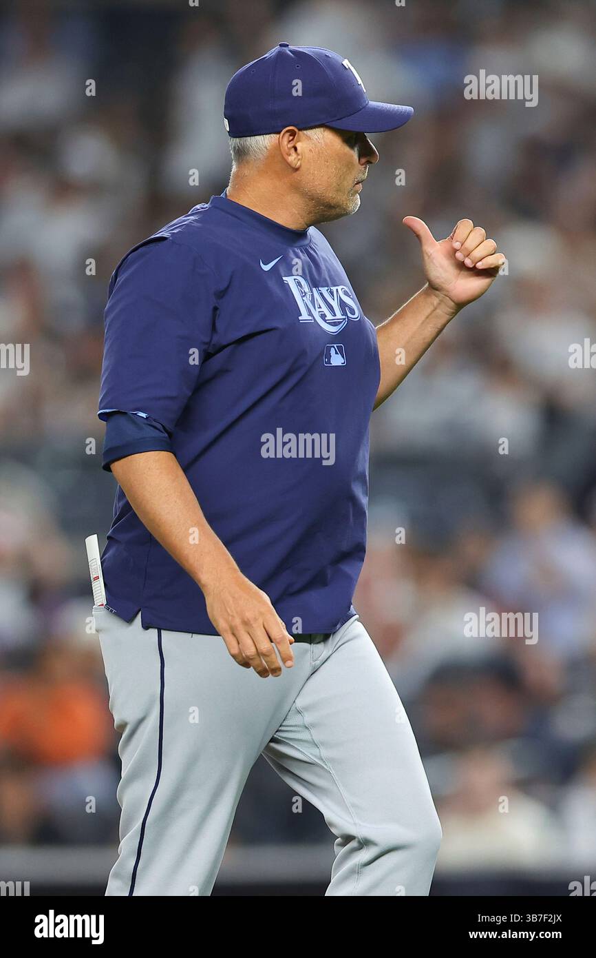 BRONX, NY - MAY 02: Kevin Cash #16 of the Tampa Bay Rays walks back to ...