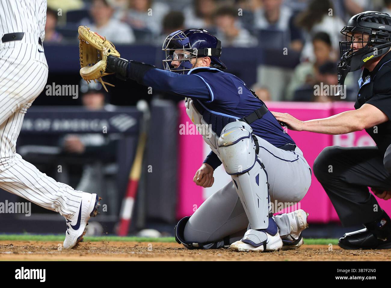 BRONX, NY - MAY 02: Danny Jansen #19 of the Tampa Bay Rays catches ...