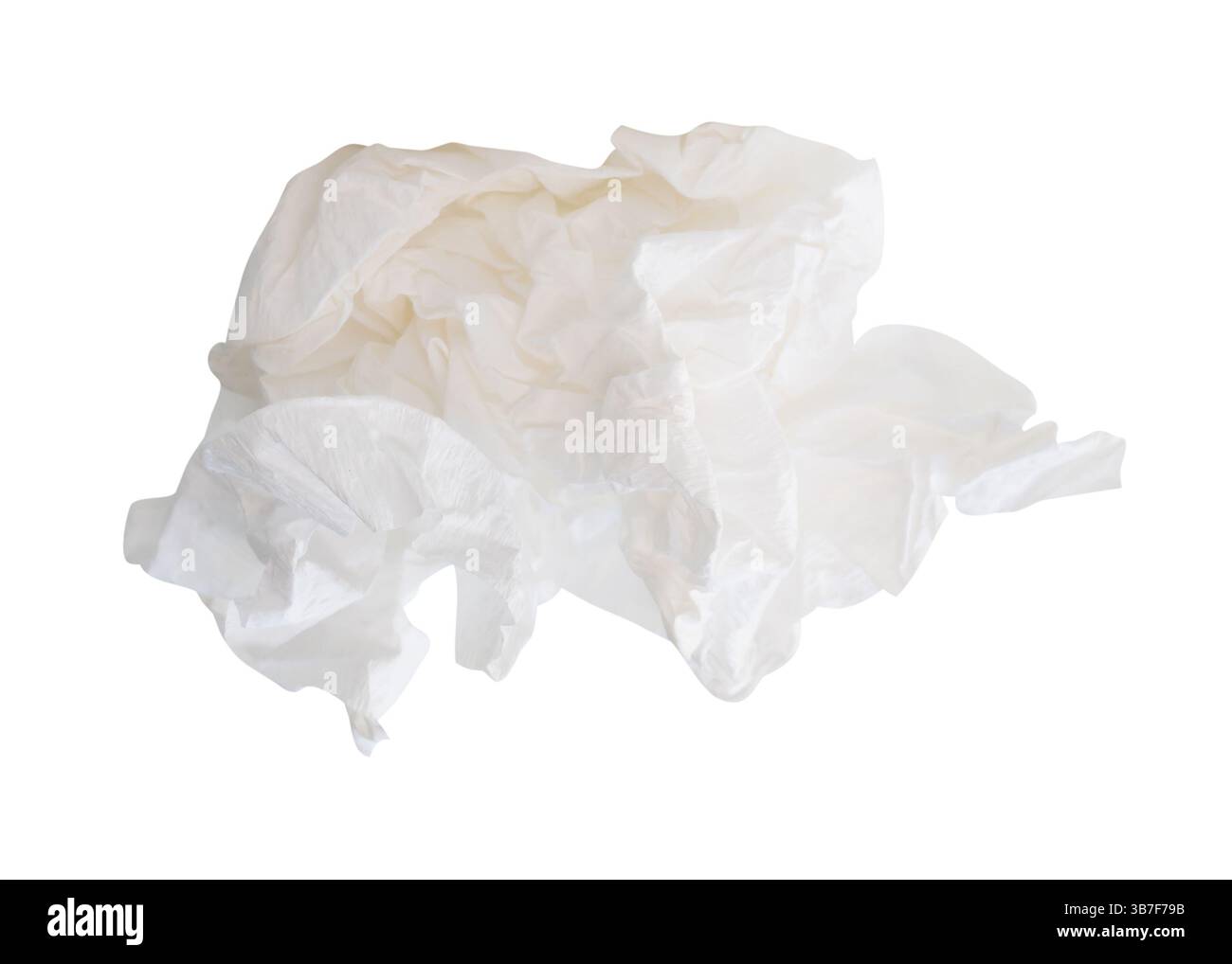 Side view of white crumpled tissue paper ball after use is isolated on ...