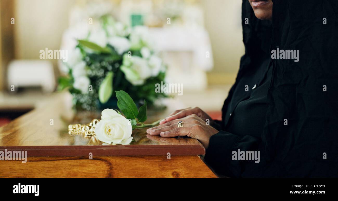 Hands, woman and coffin with rose at funeral for farewell, mourning ...