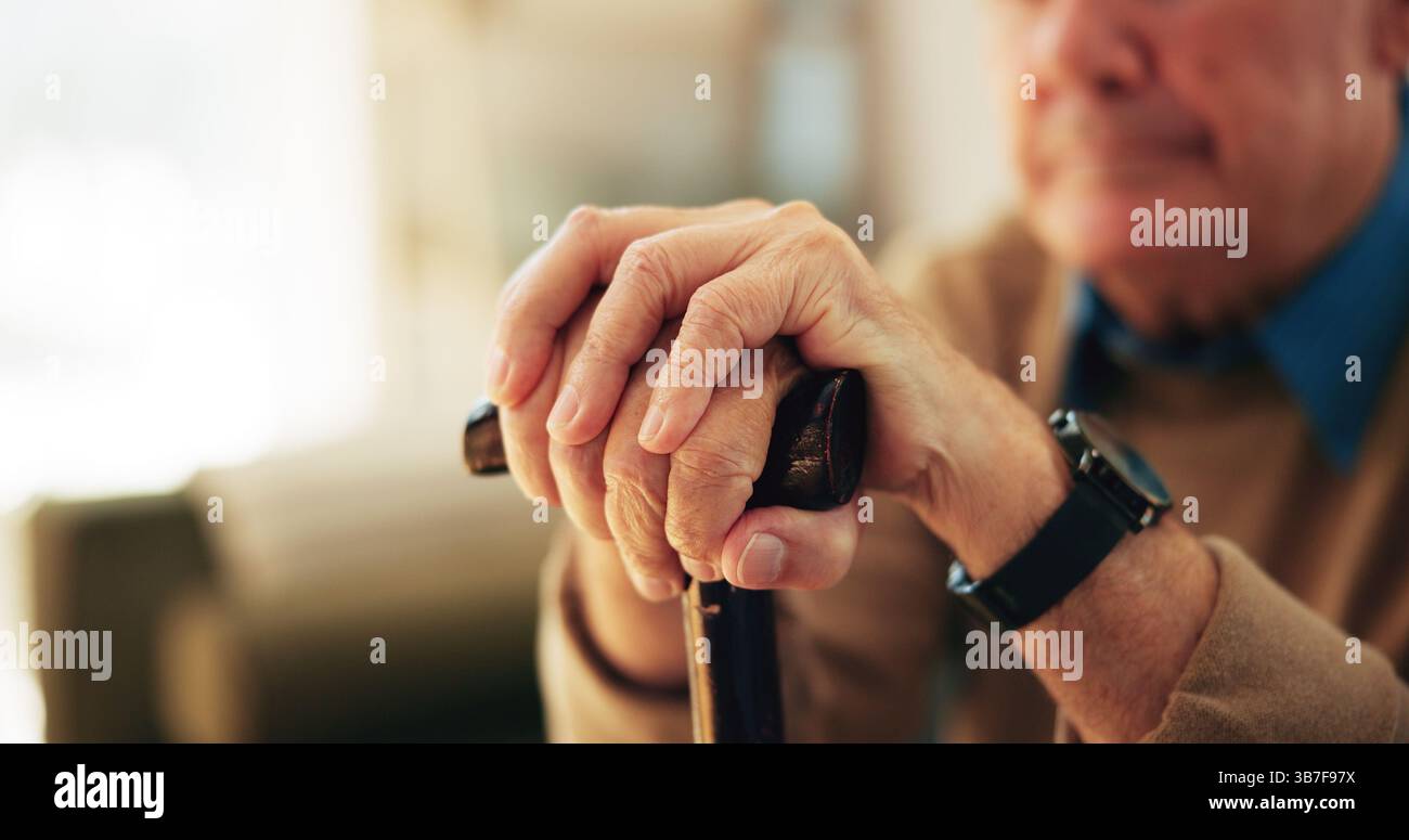 Retirement, hands and senior person with walking stick, thinking and ...