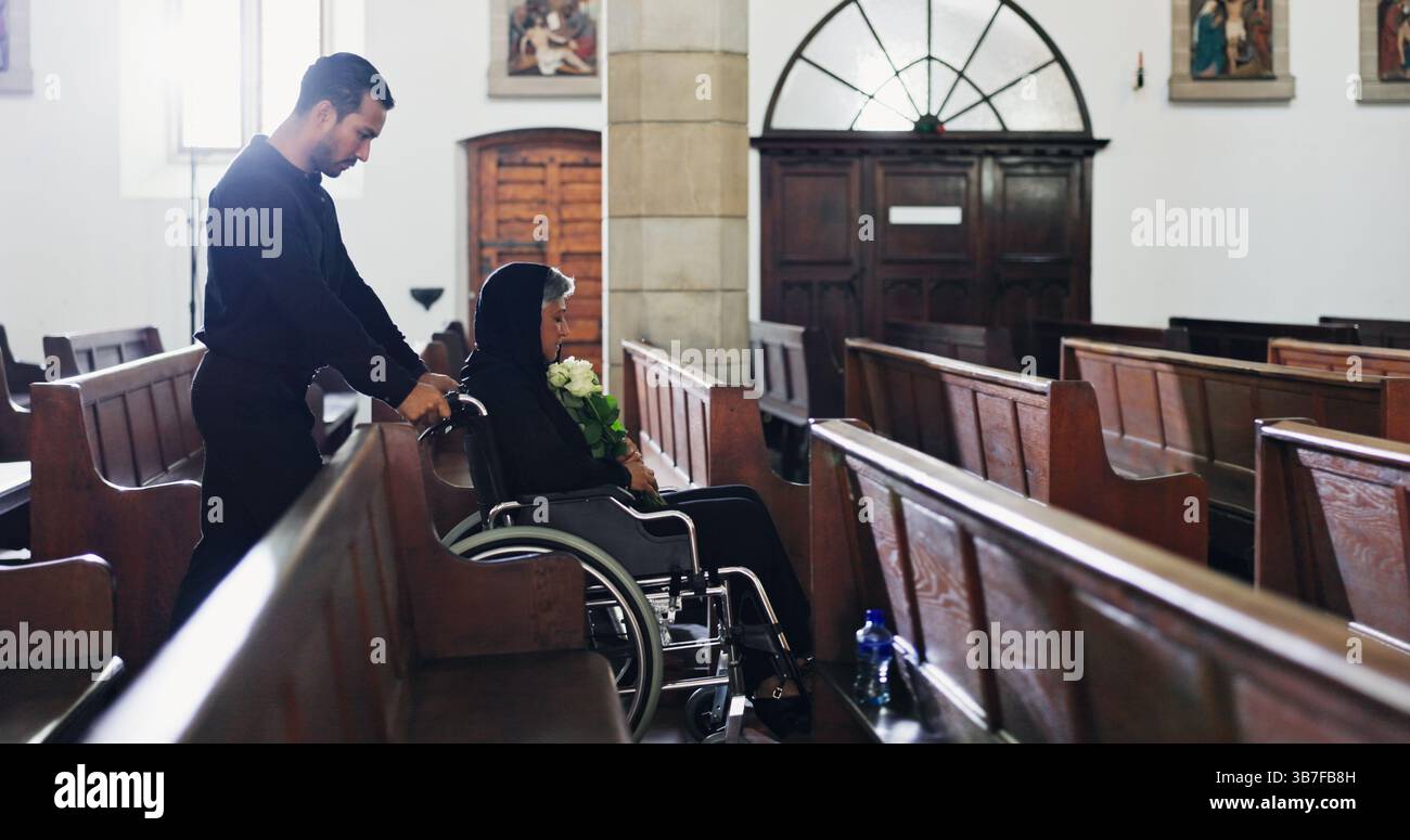 Funeral, man and woman with grief, church and widow with flowers for ...
