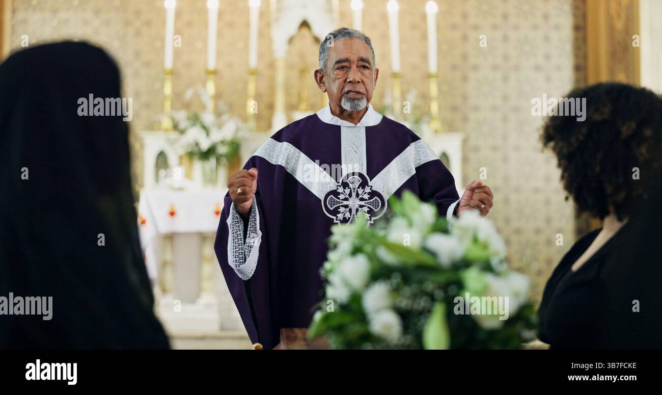 Funeral, preacher and man with prayer in church for farewell service ...