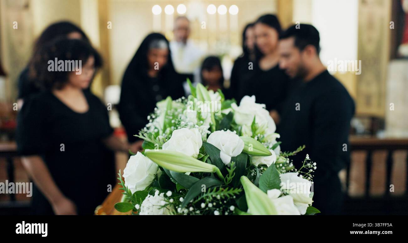 Funeral, respect or family with flowers in church for farewell service ...