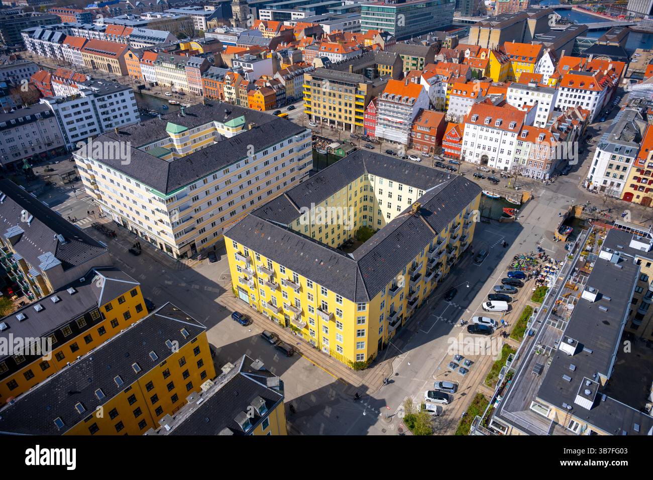 This aerial view showcases the vibrant residential buildings in ...