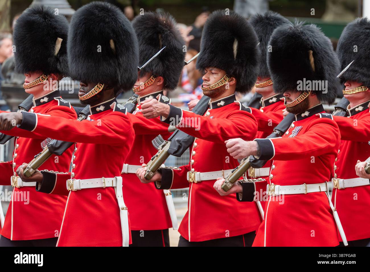 Grenadier Guards of the Household Division marching at the VE Day 80th ...
